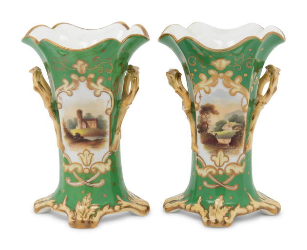 A Pair of English Rockingham Parcel Gilt Porcelain Topographical Vases ...