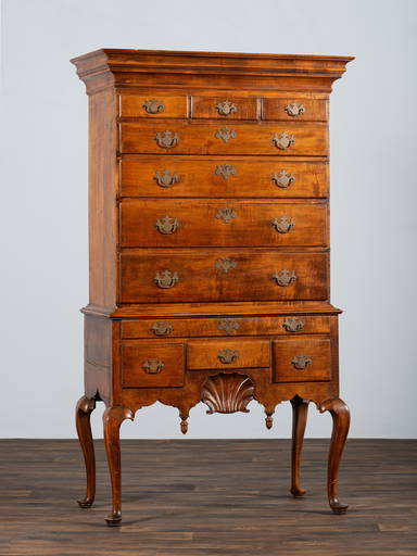 A Queen Anne Shell Carved And Figured Maple Flat Top High Chest Of Drawers