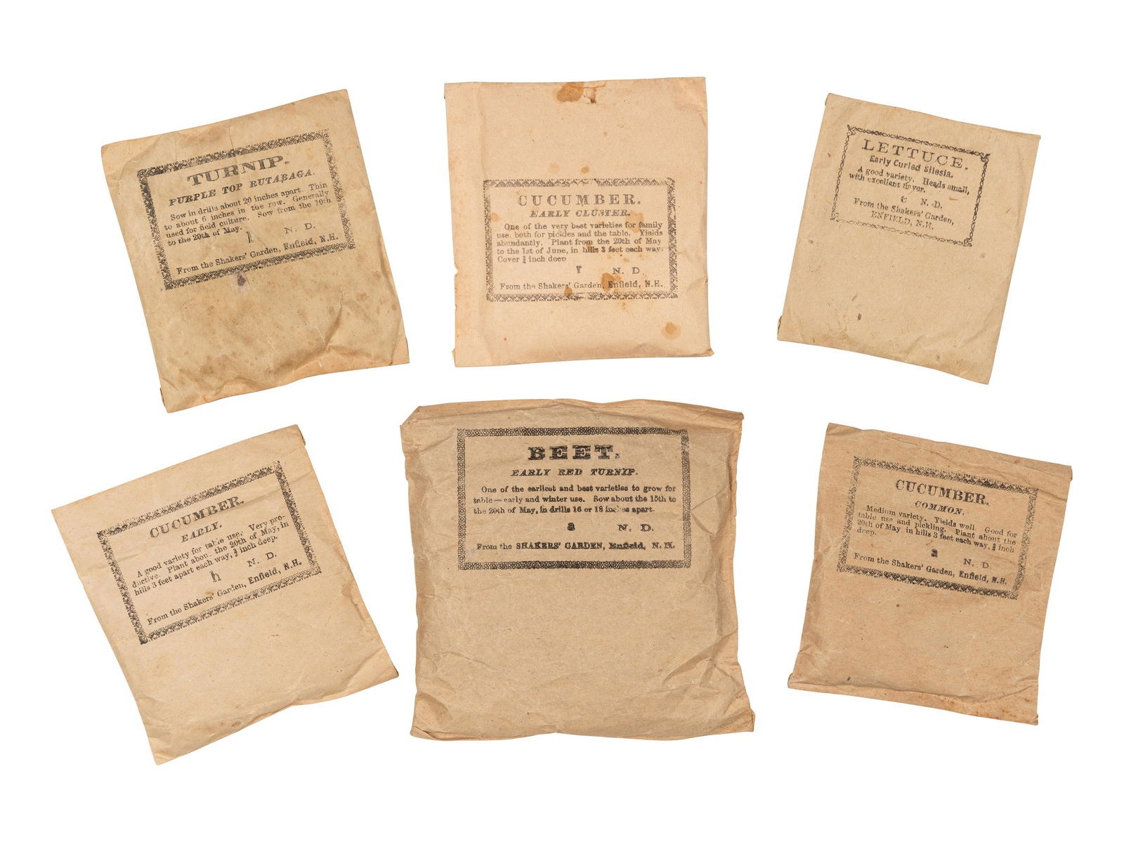 [SHAKERS]. 6 seed packets from the Shakers' Garden, Enfield, NH. The ...