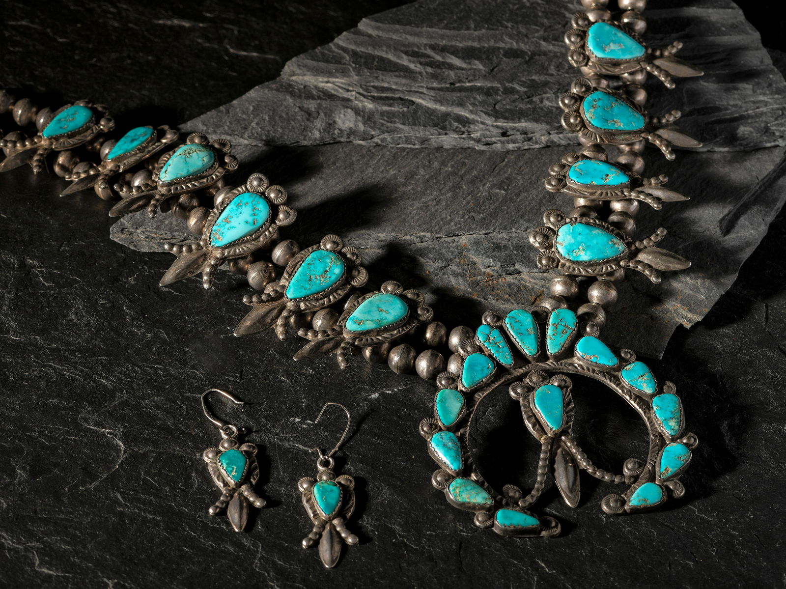 Dan Simplicio, Attributed (Zuni, 1917-1969) Silver and Turquoise Squash ...