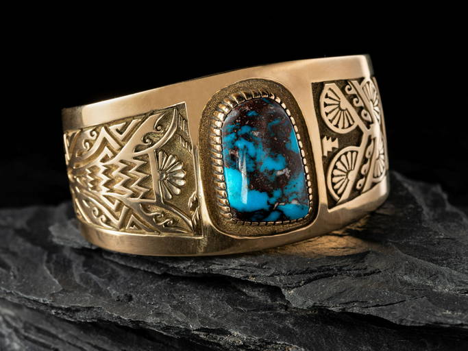 Leonard Haskie (Dine, 20th/21st century) 14K Gold and Bisbee Turquoise ...