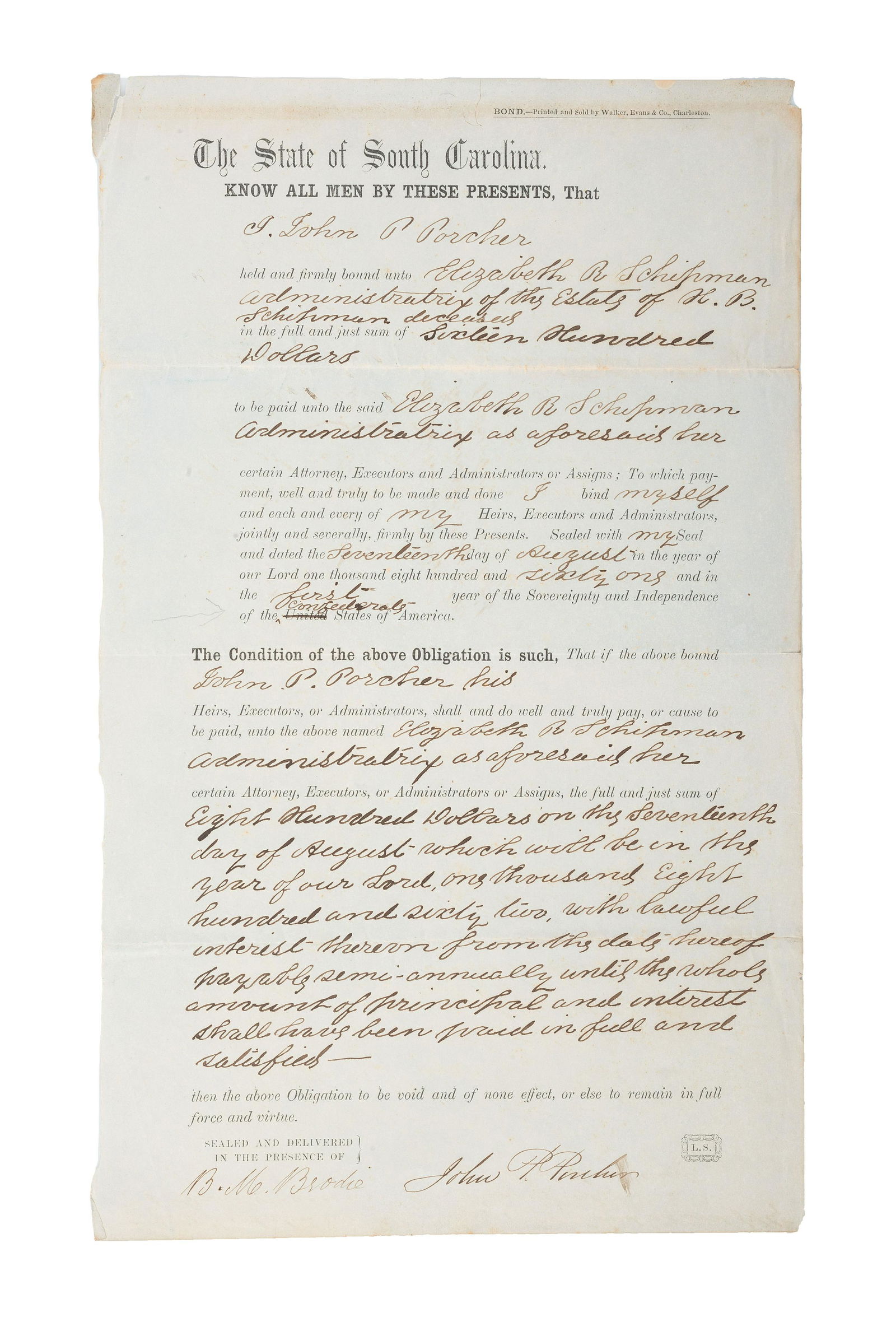[slavery & Abolition Civil War]. Partly Printed Bond Regarding The ...
