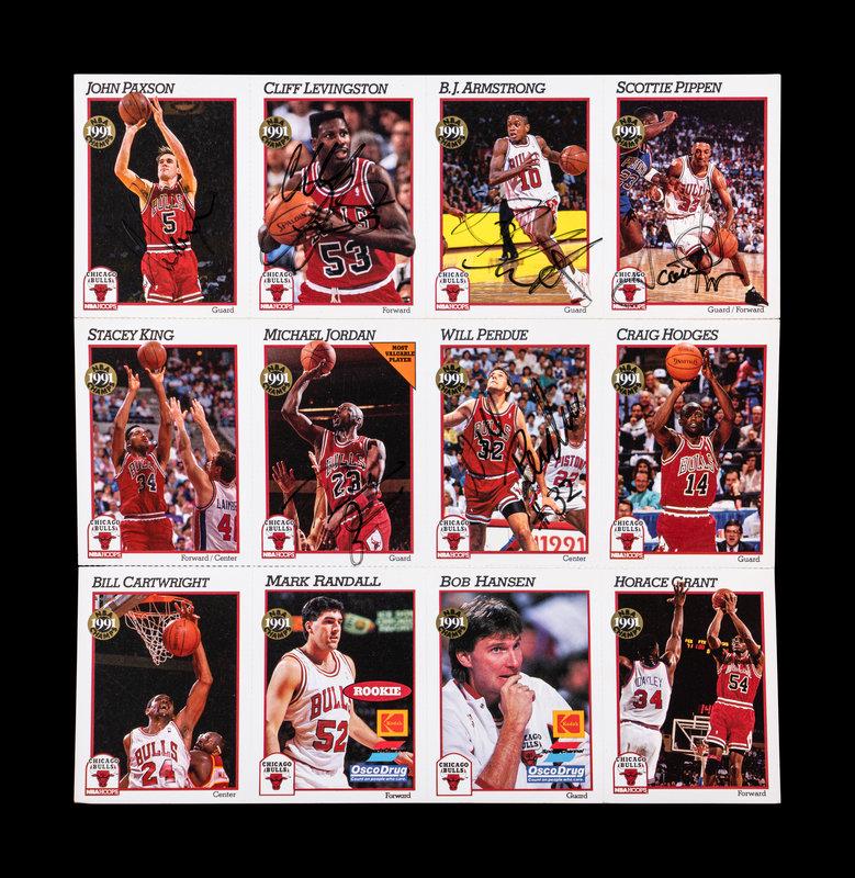 A Chicago Bulls Signed Uncut Sheet Of 1992 Nba Hoops Basketball Cards ...