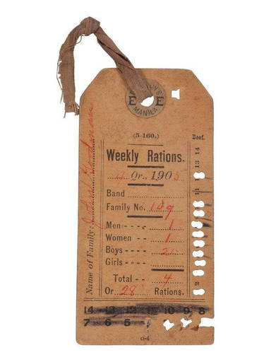 [native American]. Indian Reservation Weekly Ration Card, 1905.