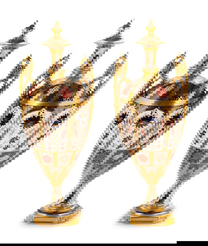 A Pair Of Royal Crown Derby Porcelain Urns Auction