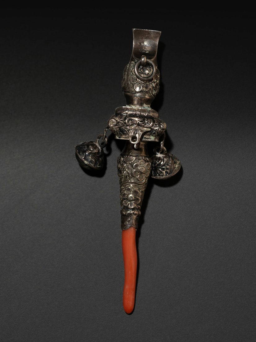 A Silver And Coral Mounted Child's Rattle Whistle Auction
