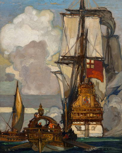 Elijah Albert Cox (british, 1876 1955) Galleon And Smaller Ships