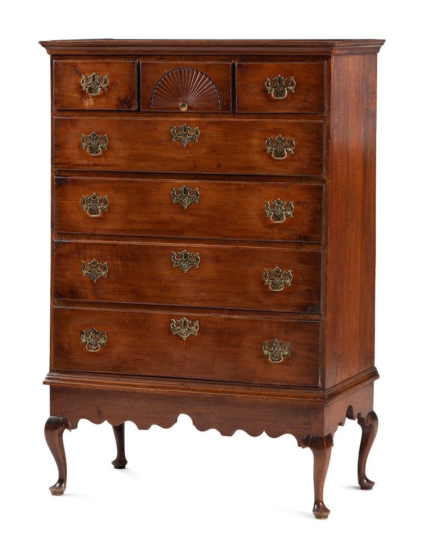 A Queen Anne Fan-carved Maple And White Pine Flat-top Chest On Frame ...
