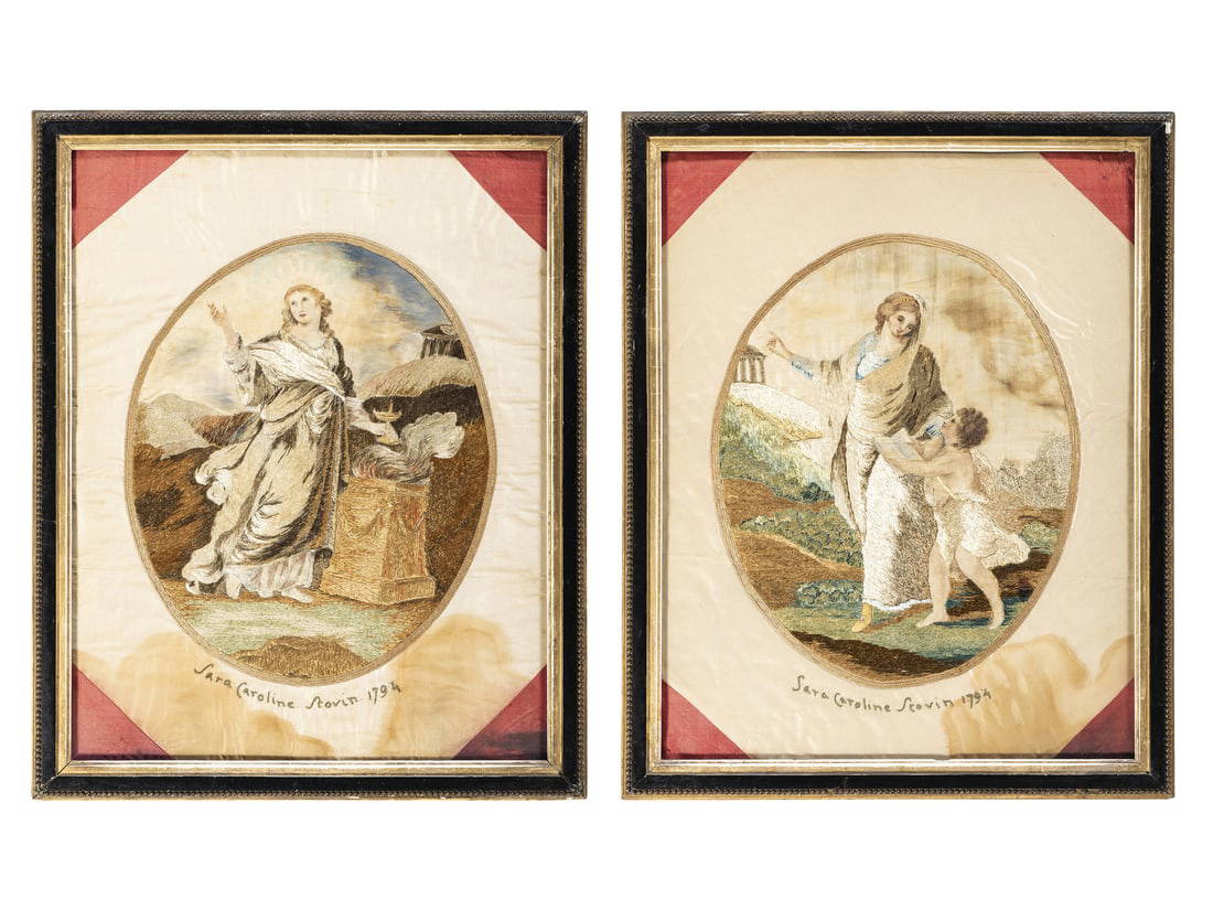 A Pair Of Needlework Embroidered Pictures, Wrought By Sara Caroline ...