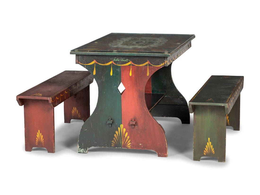 A Peter Hunt Paint-decorated Dining Table And Benches Auction
