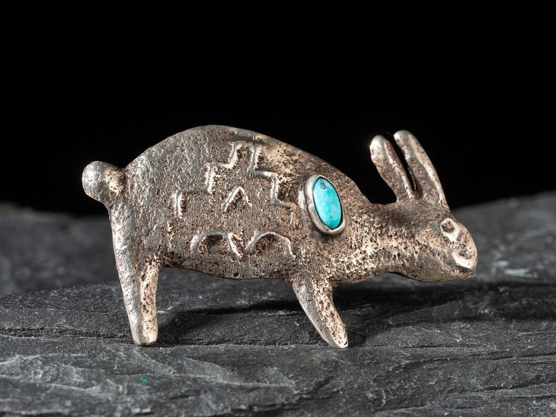 Leo Coriz (kewa, 1913-1997) Tufa Cast Silver And Turquoise Rabbit Pin ...