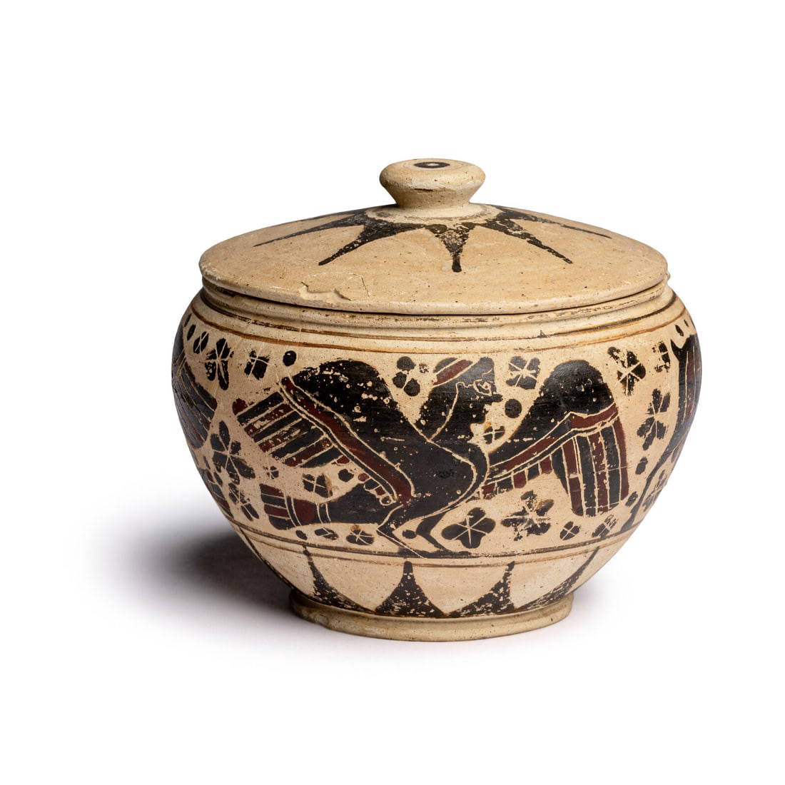 A Corinthian Pottery Lidded Pyxis With Animal Procession Auction