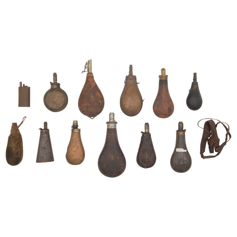 Lot Of 11 Assorted Powder Flasks Including: Sykes, James Dixon & Sons ...