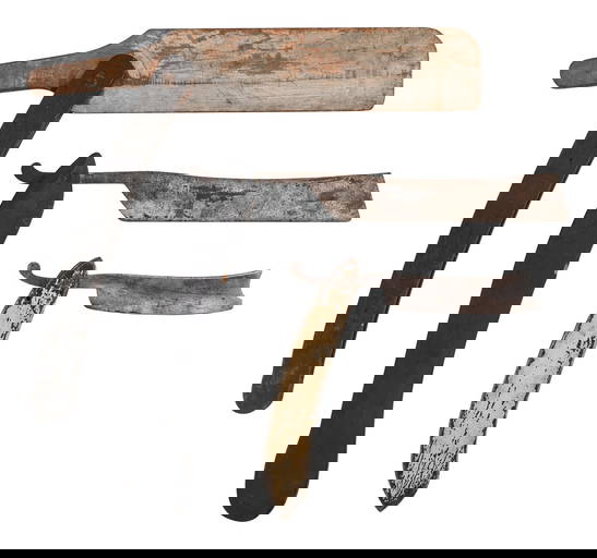 Three Painted Wood And Metal Store Display Straight Razors