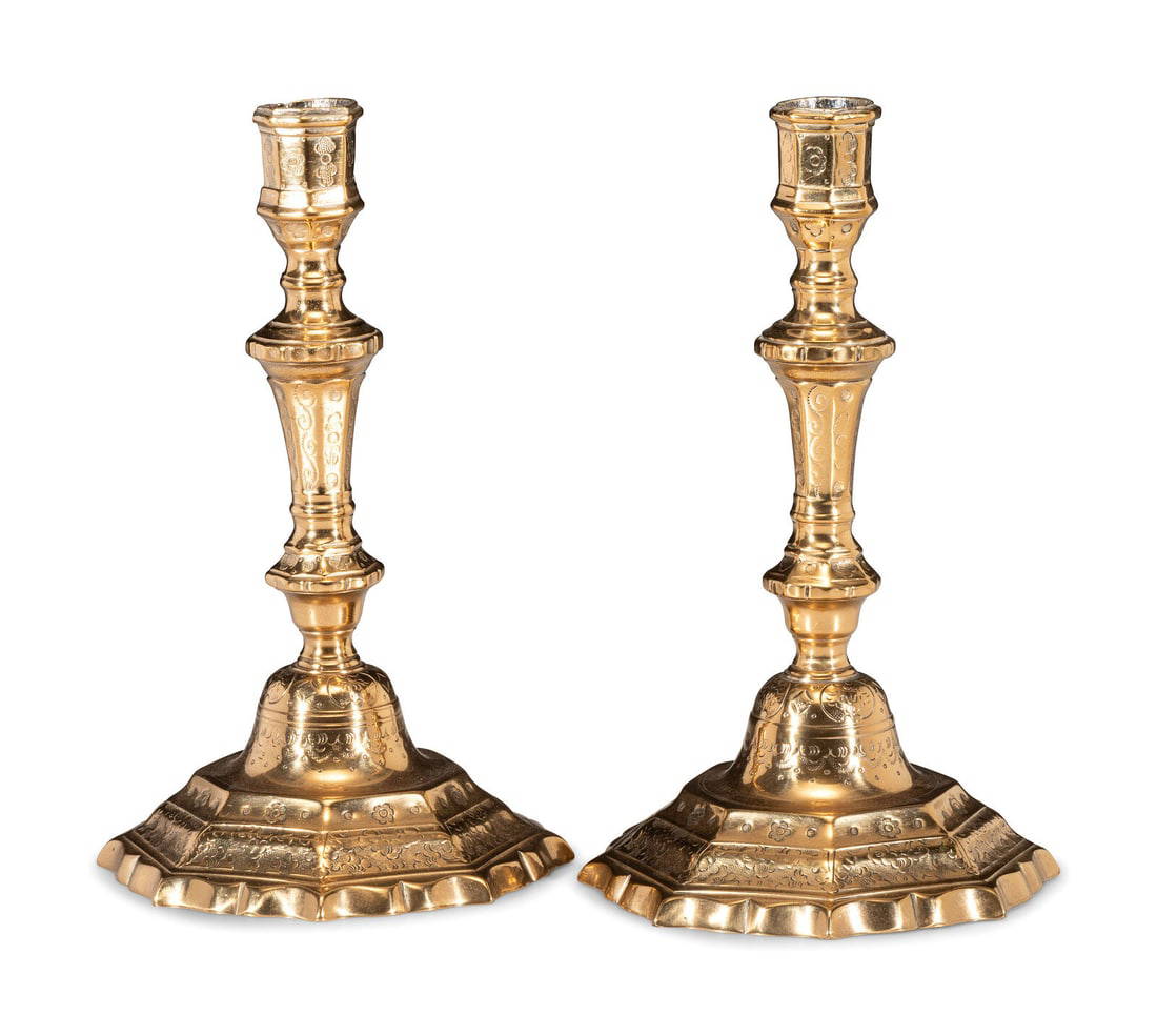 A Pair Of French Engraved Brass Candlesticks Auction