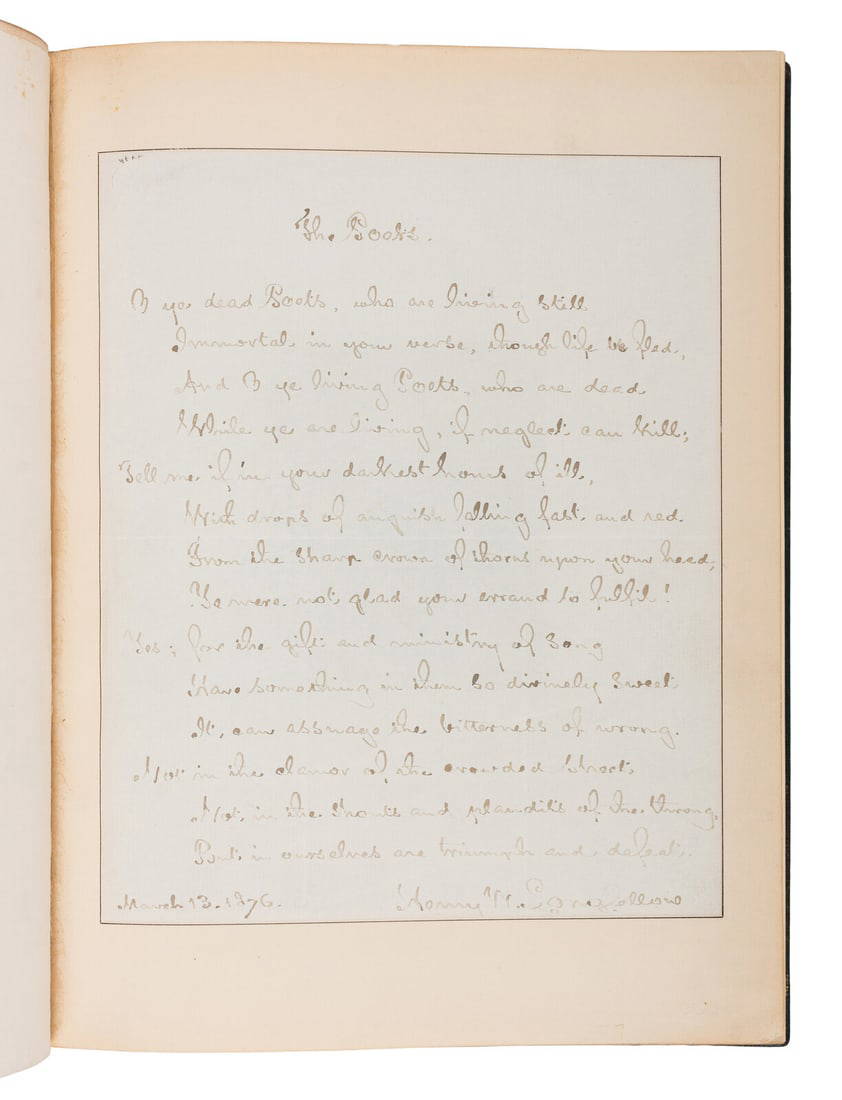 Longfellow, Henry Wadsworth. Autograph Poetic Manuscript Signed. 1876 ...