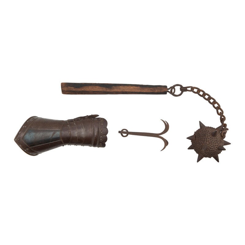 Lot Of European Arms And Armor Including: Gauntlet, Grappling Hook, And ...
