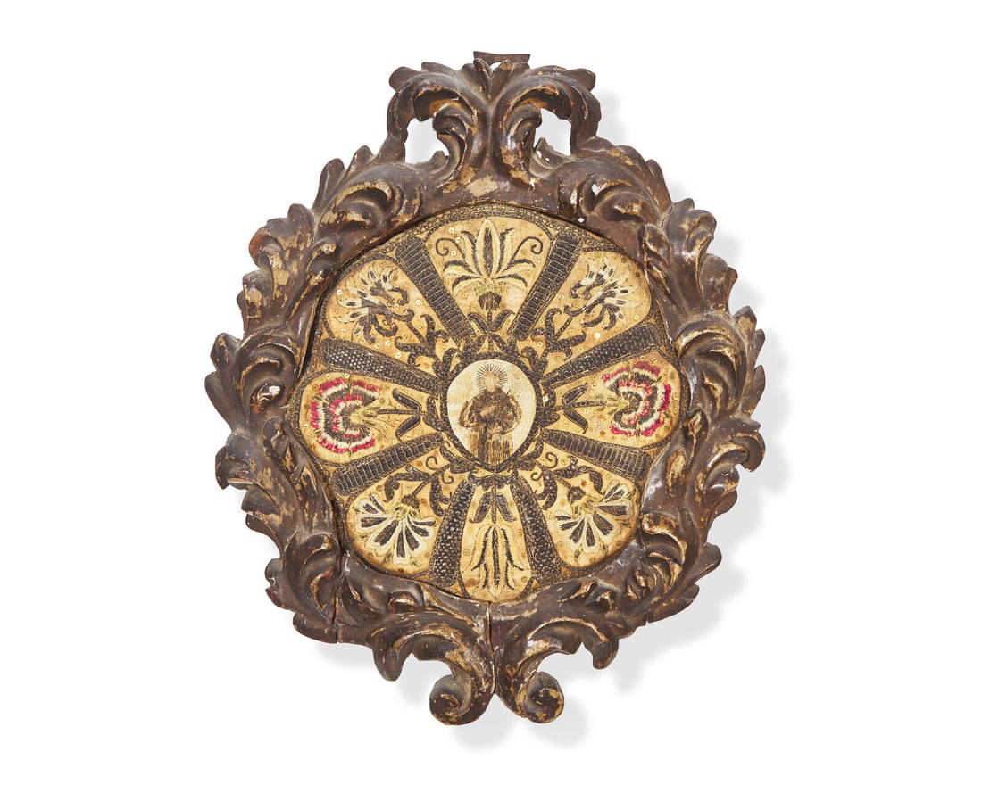 An Italian Ecclesiastical Embroidered Silk Roundel Depicting A Saint ...