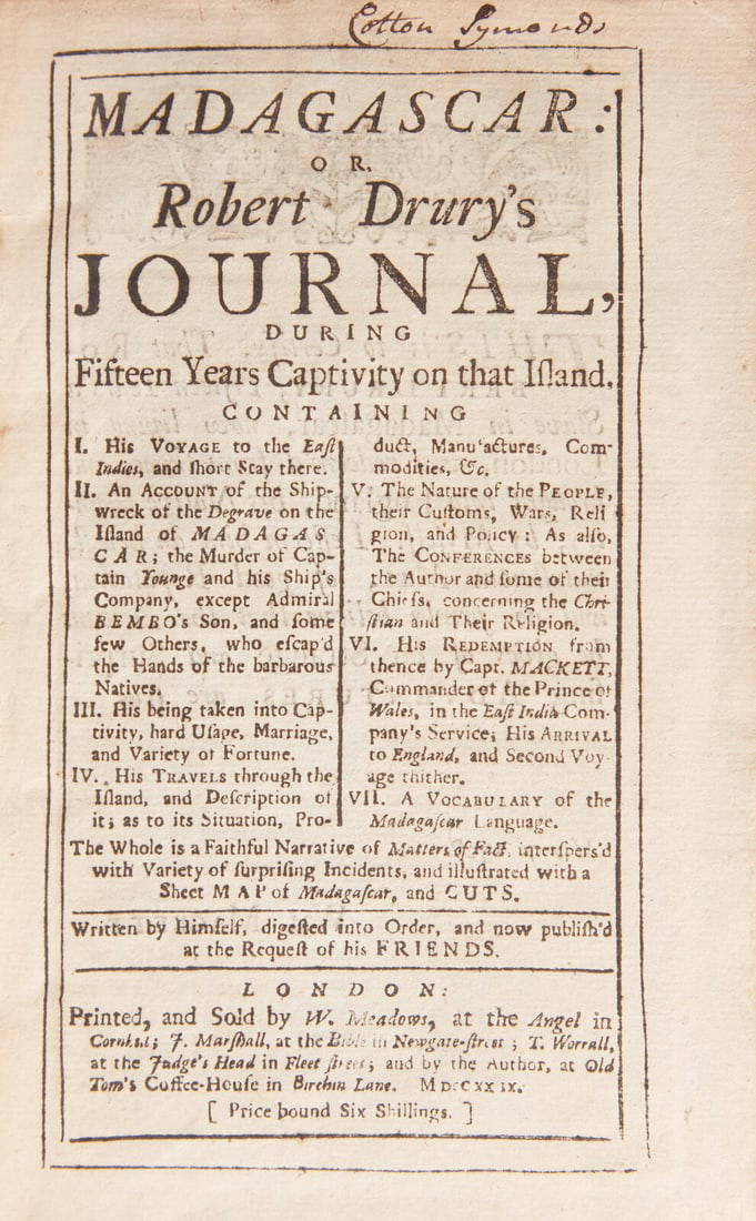 [literature] [defoe, Daniel] Drury, Robert. Madagascar... First Edition ...