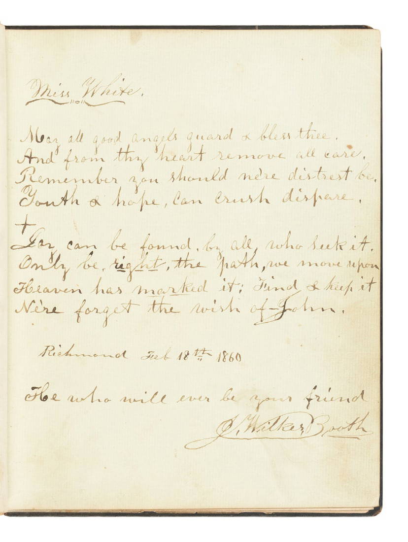Autograph Manuscript, Signed ("j. Wilkes Booth"), 18 February 1860 ...