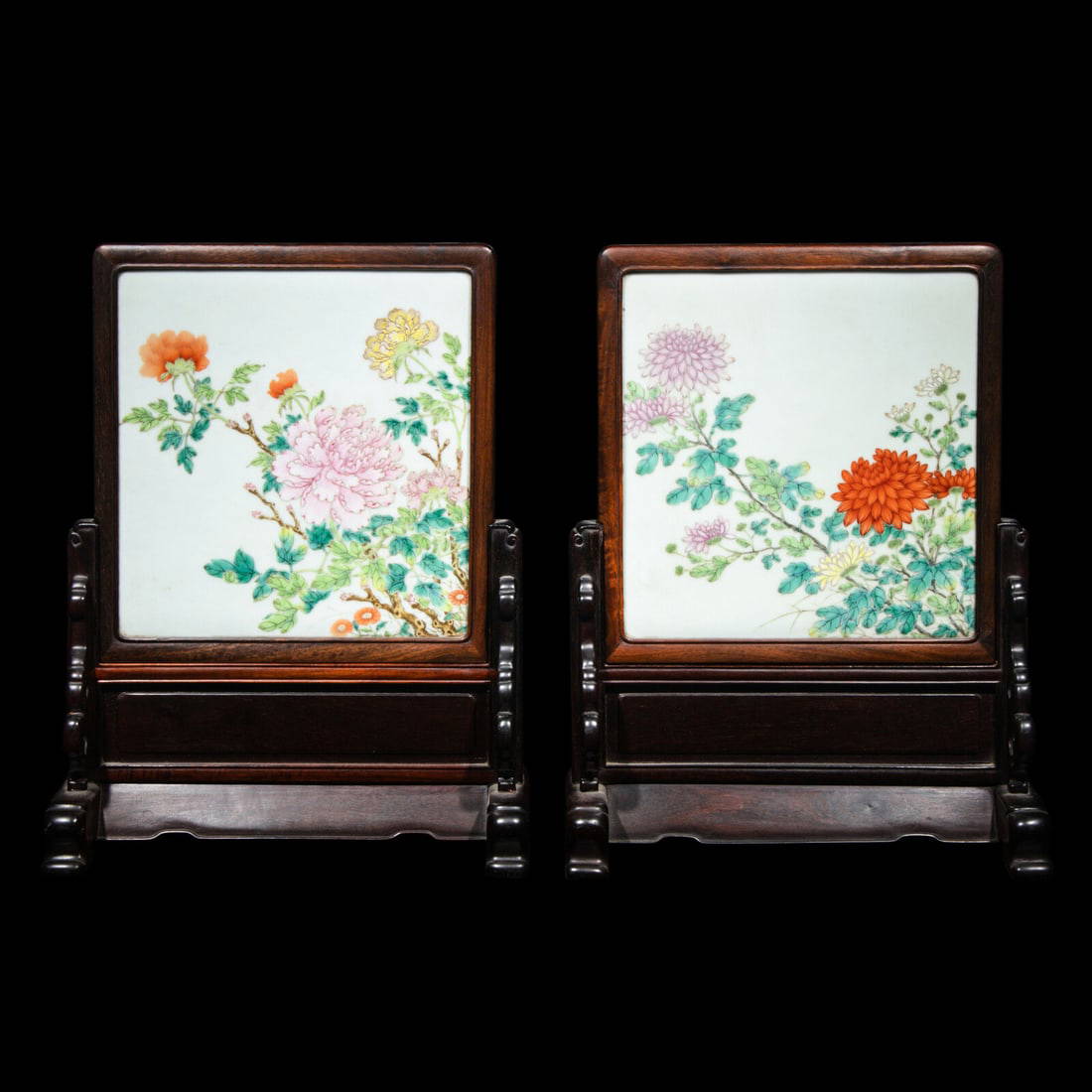 A Pair Of Chinese Famille Rose Porcelain Plaque Inset Hardwood Table ...
