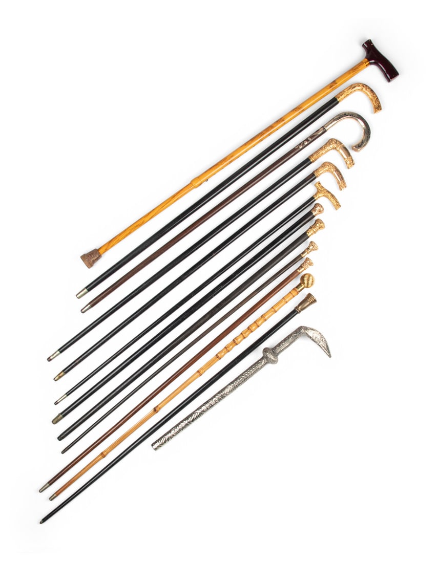 A Collection Of Thirteen Gold-filled, Silver And Metal Mounted Walking ...