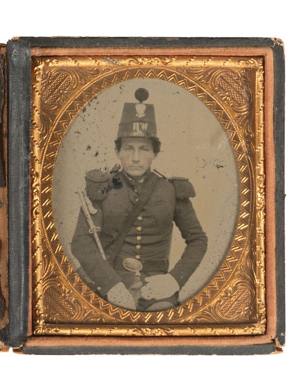 [civil War]. Ruby Ambrotype Portrait Of A Militiaman Wearing 1851 Shako ...