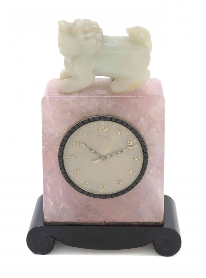 A Swiss Rose Quartz, Jade and Onyx Desk Clock, E. Gubel