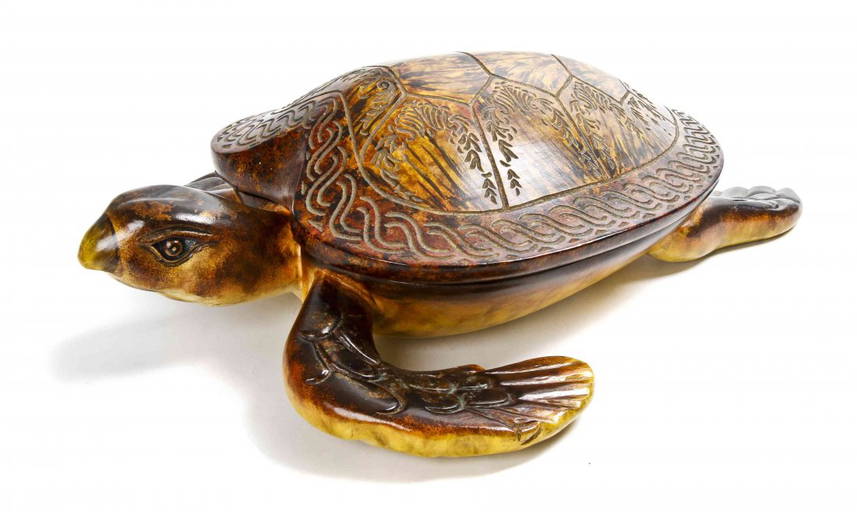 A Decorative Carved And Painted Wood Turtle Form Box,