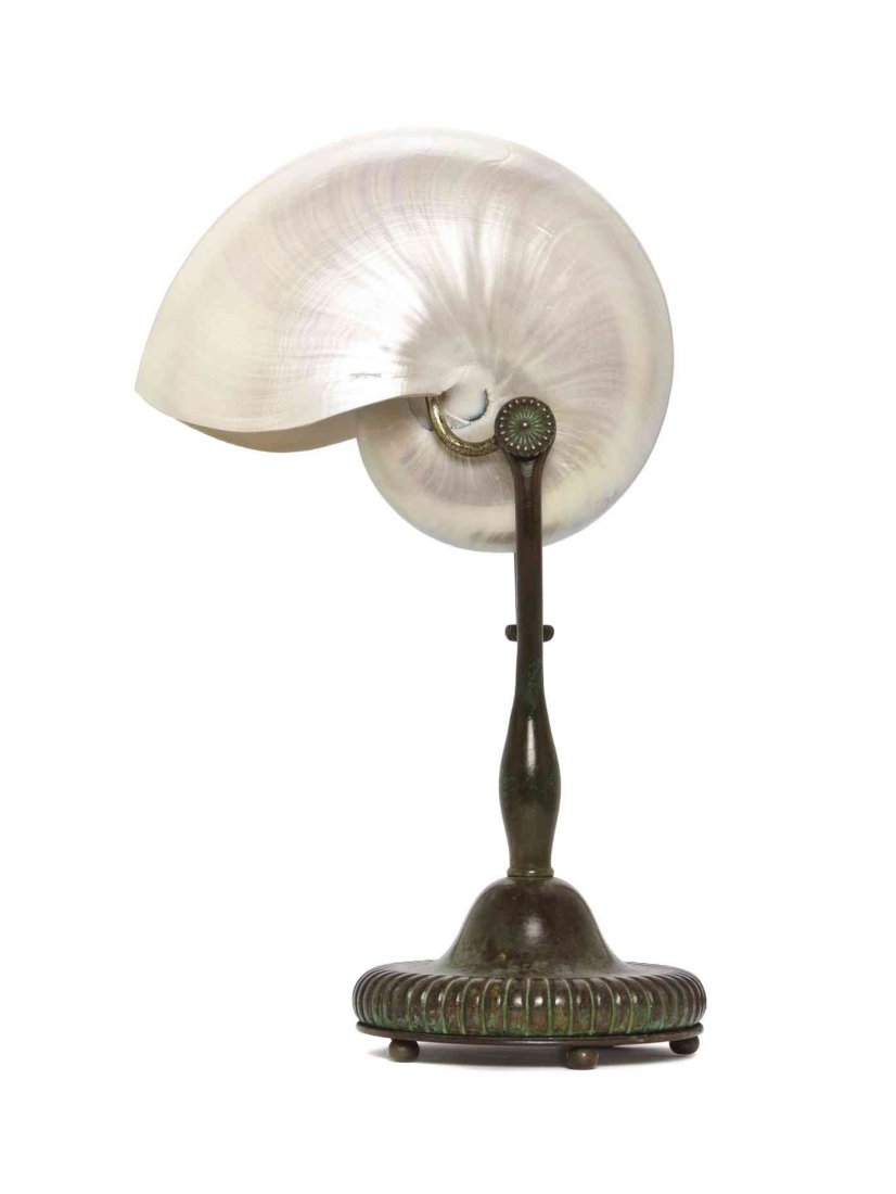 A Tiffany Studios Bronze and Nautilus Shell Lamp,