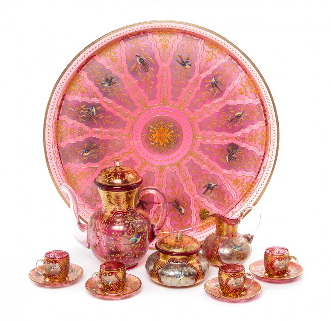 A Moser Enameled Glass Tea Service, Height of tallest 9