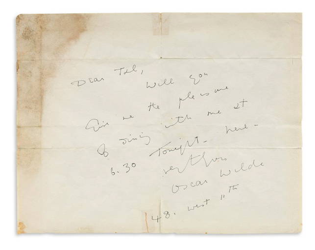 OSCAR WILDE (1854-1900) Autograph Note Signed, to "Dear - Aug 13, 2020 ...