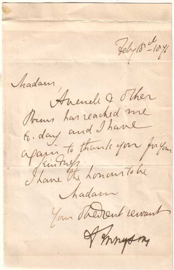 2043350: TENNYSON, ALFRED. Autograph Letter Signed,