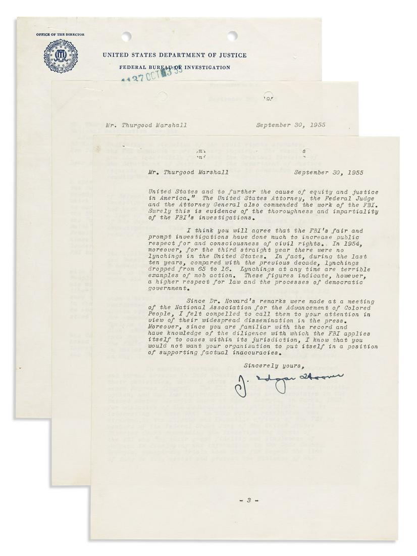 (civil Rights.) J. Edgar Hoover. Letter Defending The Fbi's Civil ...