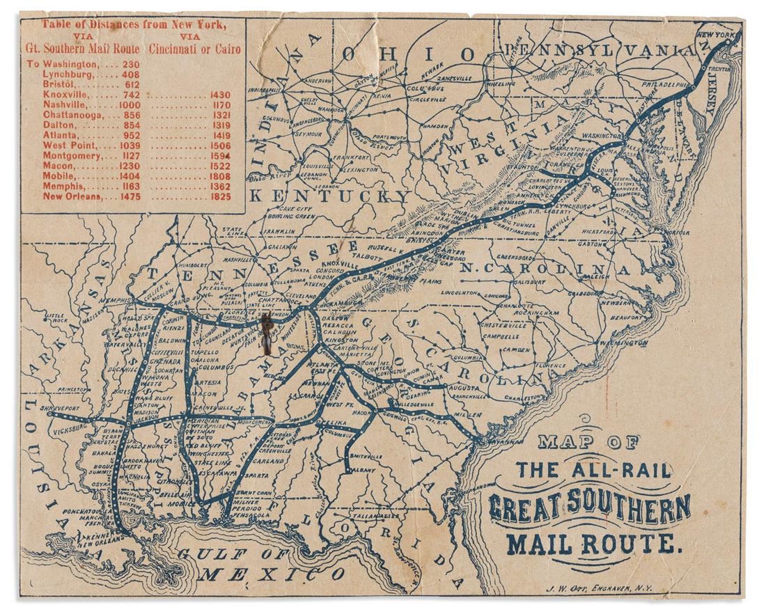 (railroads.) J.w. Orr. Map Of The All Rail Great Southern Mail Route.