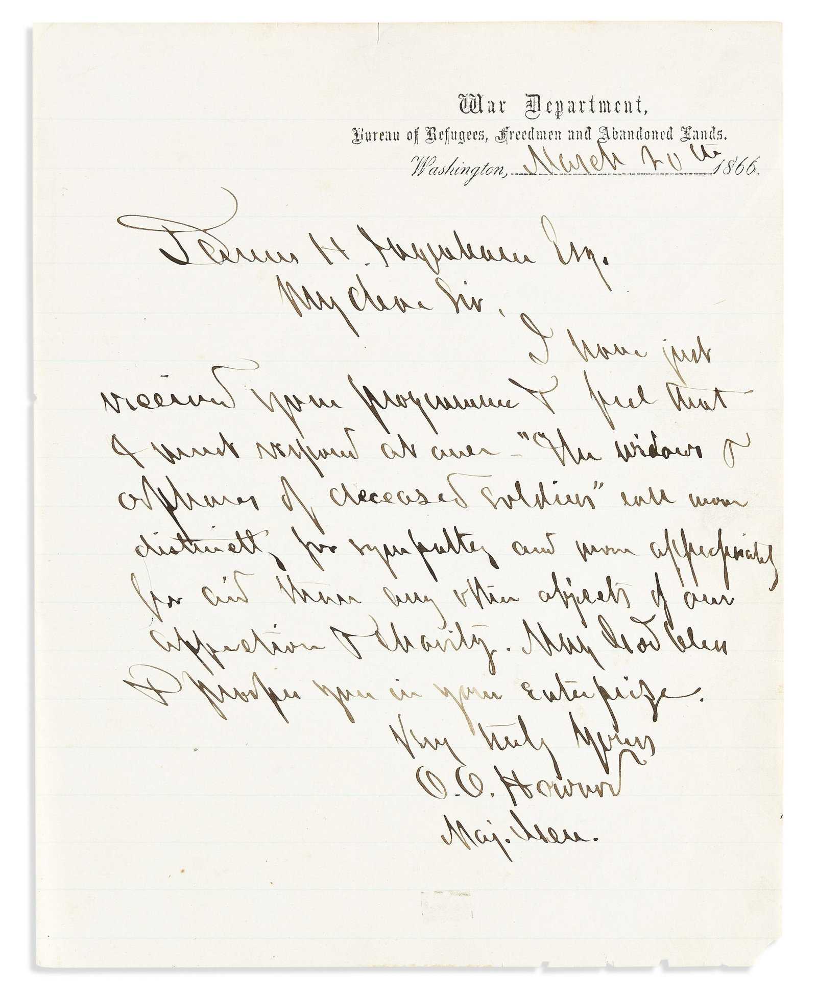 (EDUCATION.) O.O. Howard. Letter by the head of the Freedmen's Bureau ...
