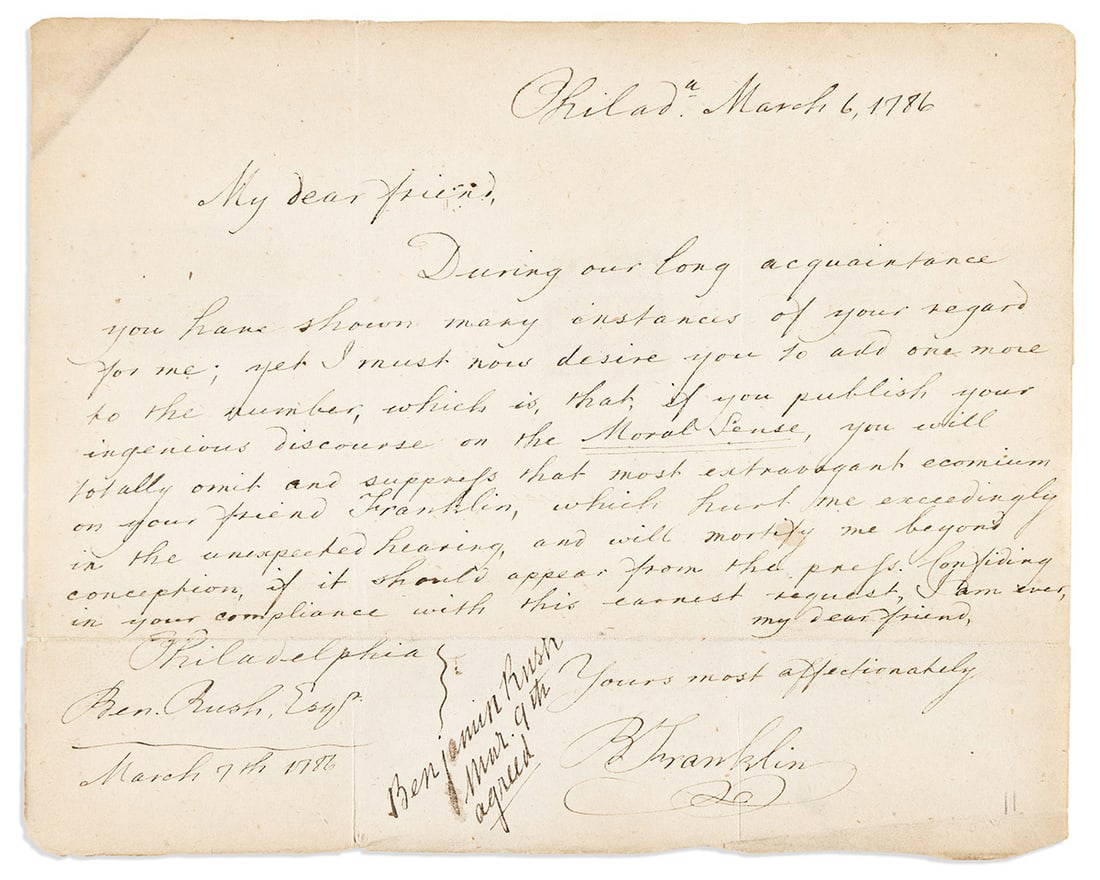 (franklin, Benjamin.) Joseph Cosey. Forgery Of Autograph Letter Signed ...