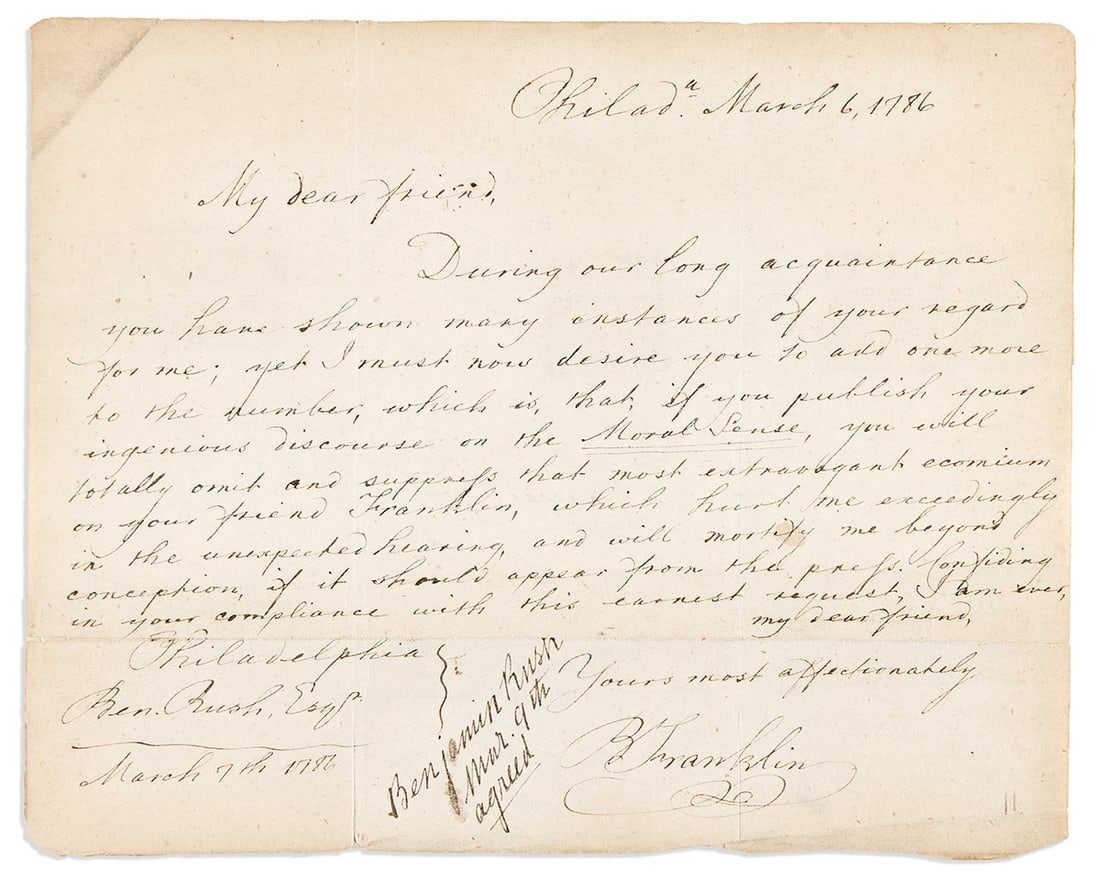 (franklin, Benjamin.) Joseph Cosey. Forgery Of Autograph Letter Signed ...