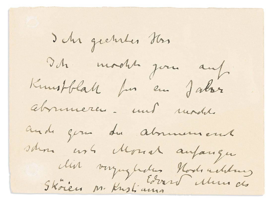 Munch, Edvard. Brief Autograph Letter Signed, To Das Kunstblatt ("dear ...