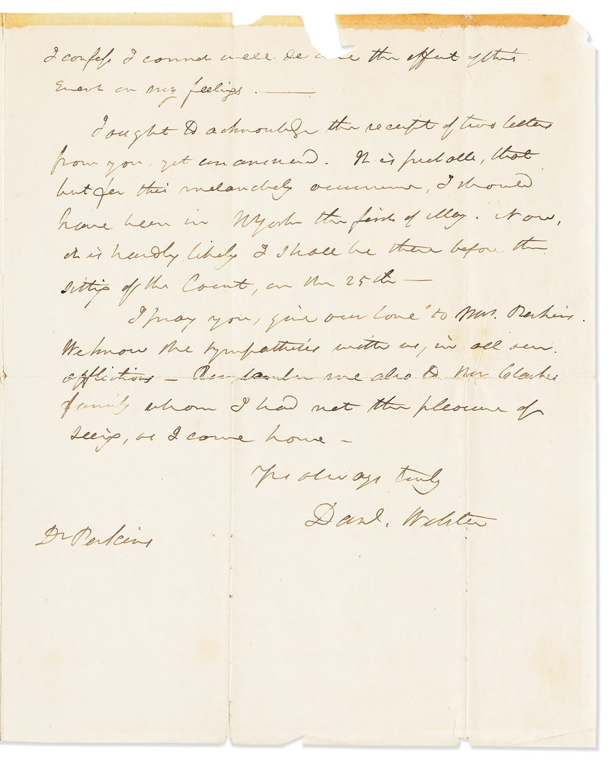 Webster, Daniel. Autograph Letter Signed, "dan'l Webster," Auction