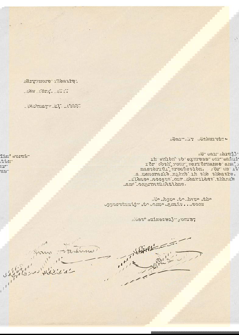 (theatre.) Typed Letter Signed, By Noel Coward, Lynn Fontanne, Alfred ...