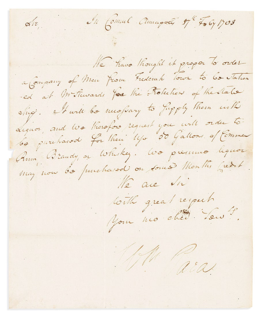 (american Revolution.) Paca, William. Letter Signed, "wm Paca," As ...