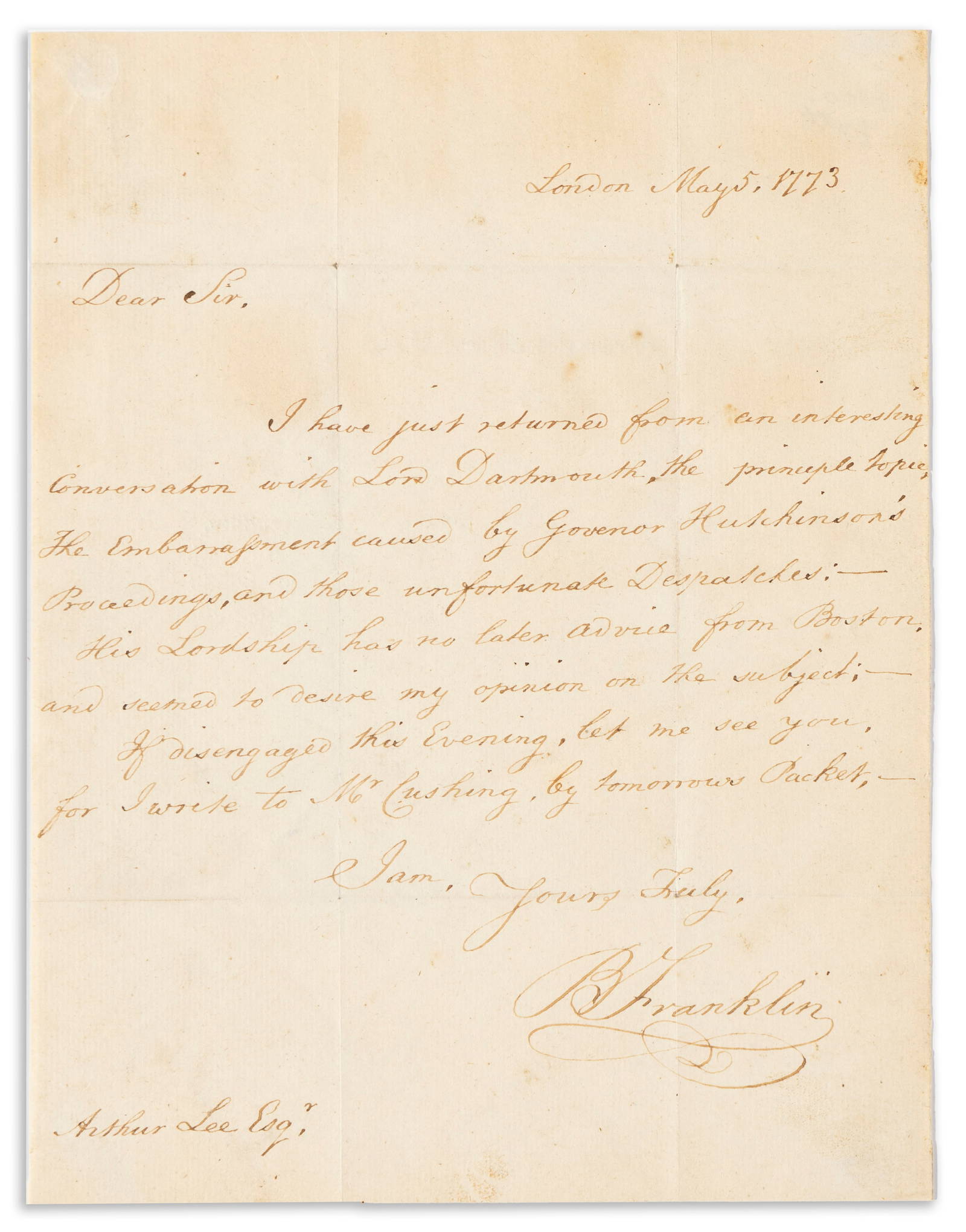 Franklin, Benjamin. Autograph Letter Signed, "bfranklin," To Diplomat ...