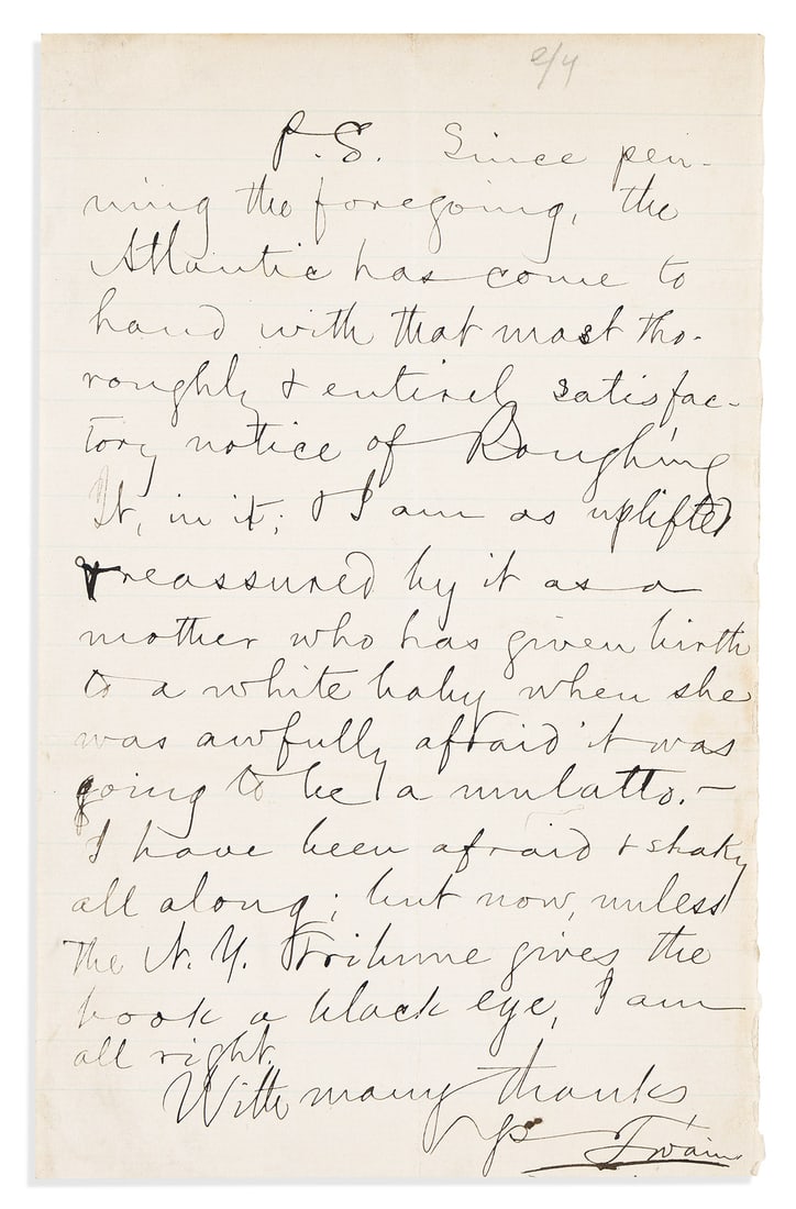 Twain, Mark. Fragment Of Autograph Letter Signed, "twain," [to William ...