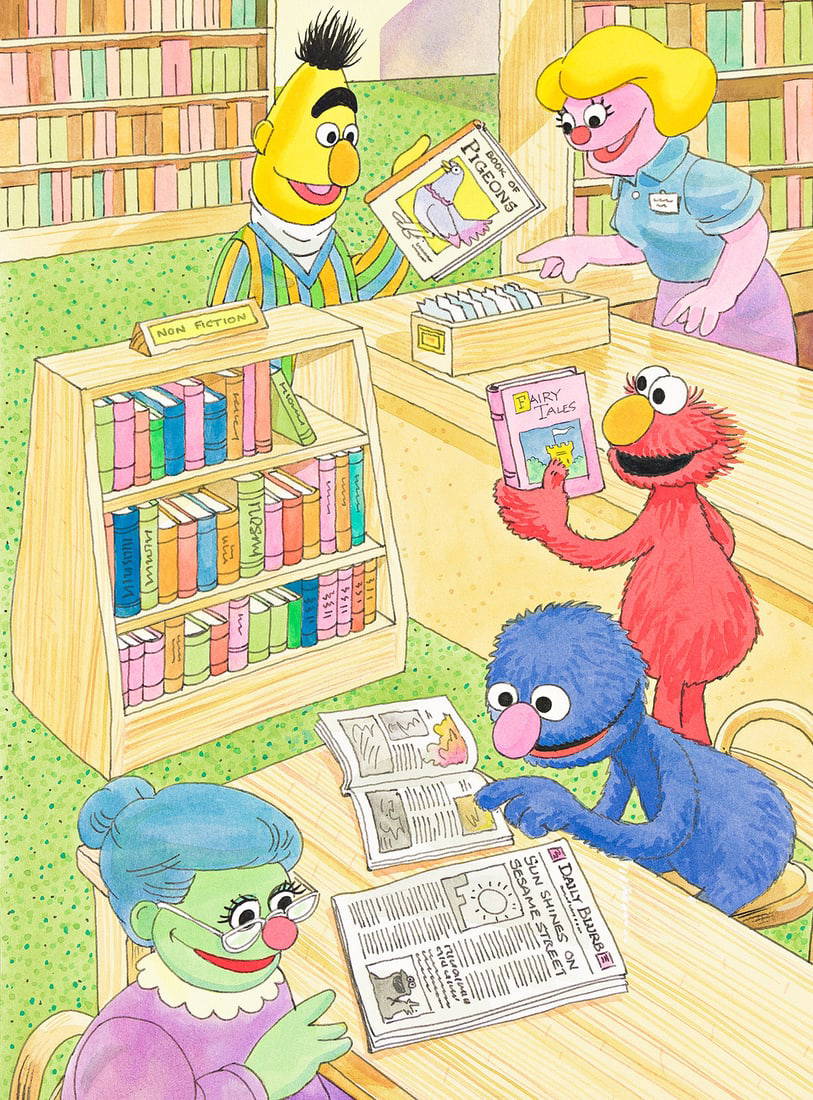 Sesame Street Ctw Library With Grover, Bert And Elmo. Auction