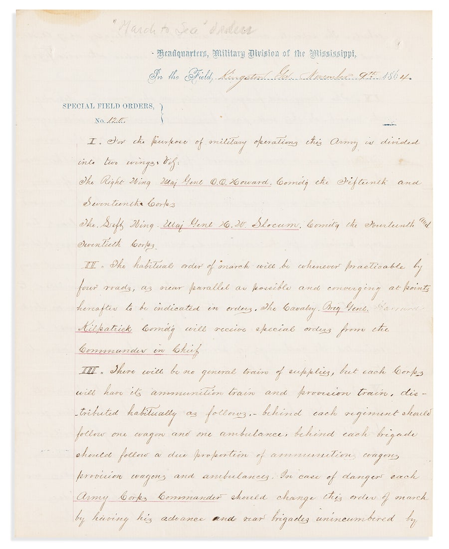 (civil War.) William T. Sherman. Order Launching The March To The Sea ...