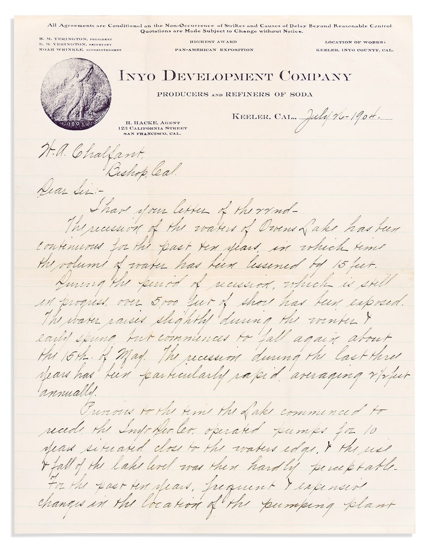(california.) Noah Wrinkle. Letter Describing The Dropping Water Level ...