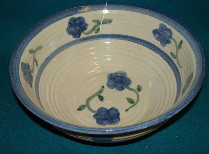 Art Pottery Large Fruit Bowl; Signed Polly; Swirled