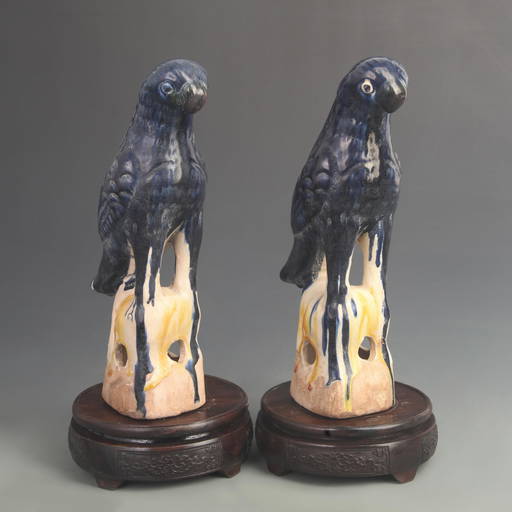 Pair Of Plain Three Color Parrot Pottery Figurines