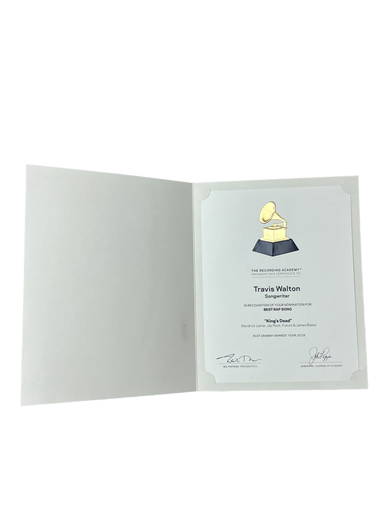Music Grammy Award Certificate Travis Walton King's Dead Rap Song ...